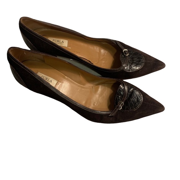 Furla | Shoes | Furla Brown Suede Made In Italy Slip On Career Heels ...
